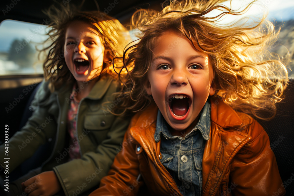 Charming chaos of sibling rivalry on a family road trip, kids in ...