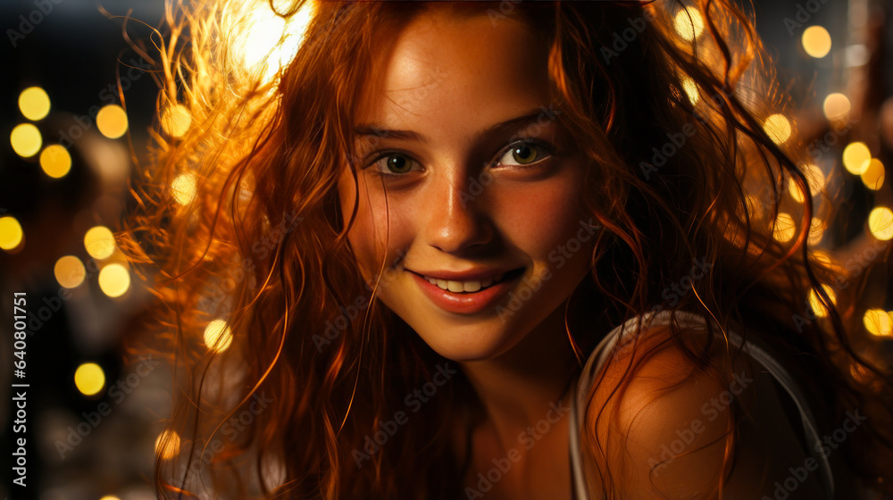 Spellbinding young girl with light red hair and freckles, eyes wide in ...