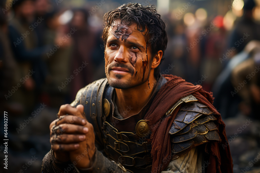 Breathtaking Ancient Roman scene capturing an injured, kneeling ...