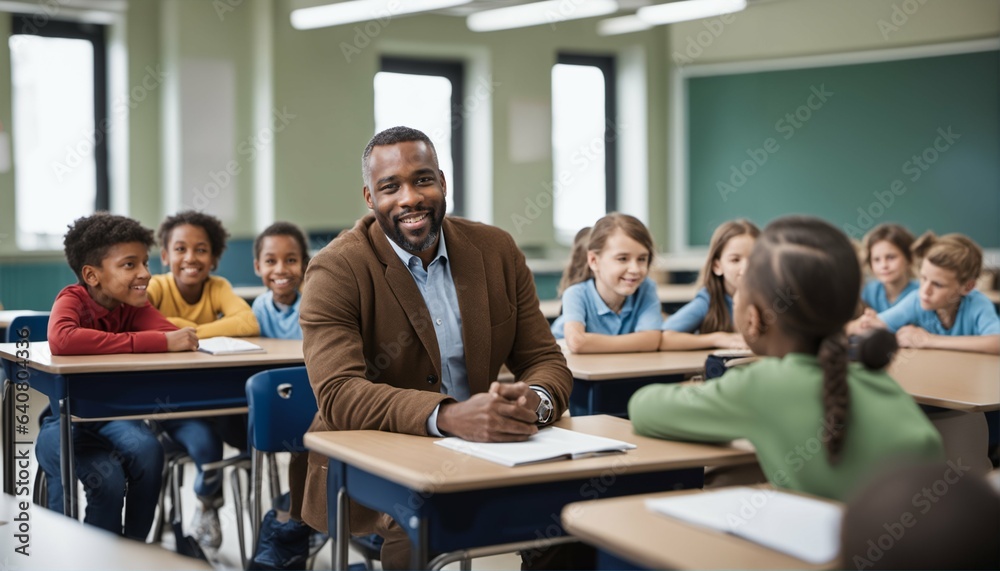 Black male educator talking to students in classroom - man teaching ...