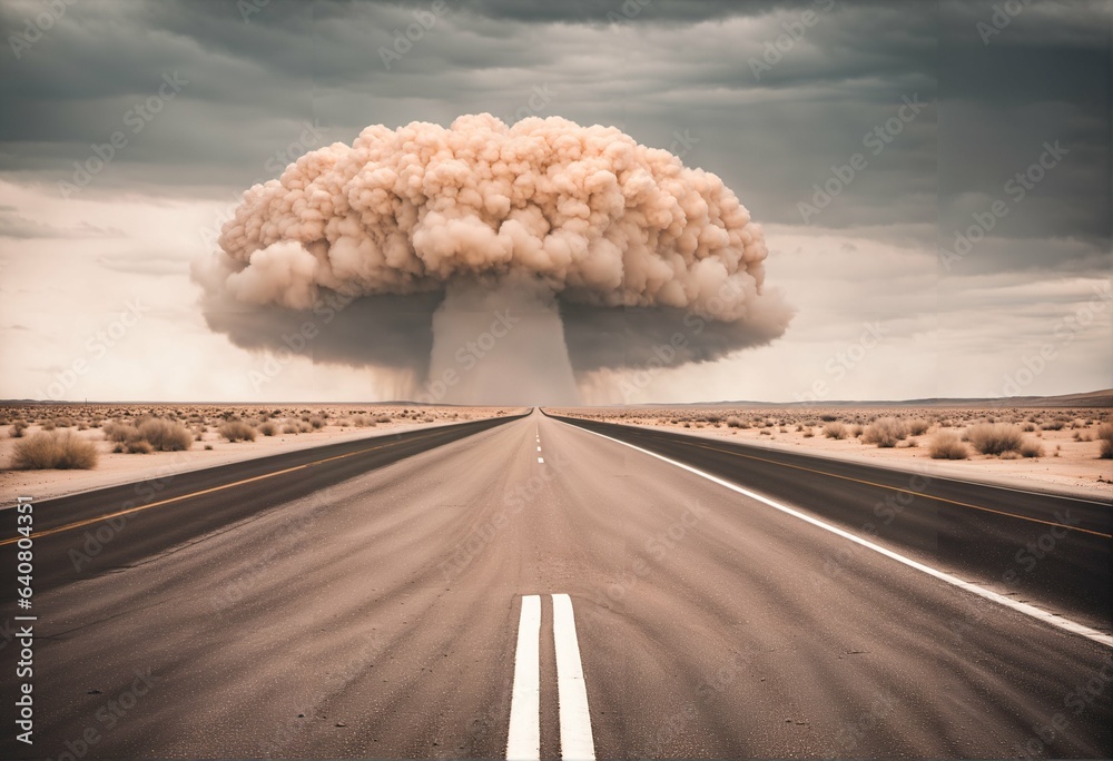 Foto de Nuclear catastrophe with mushroom cloud - asphalt road to ...