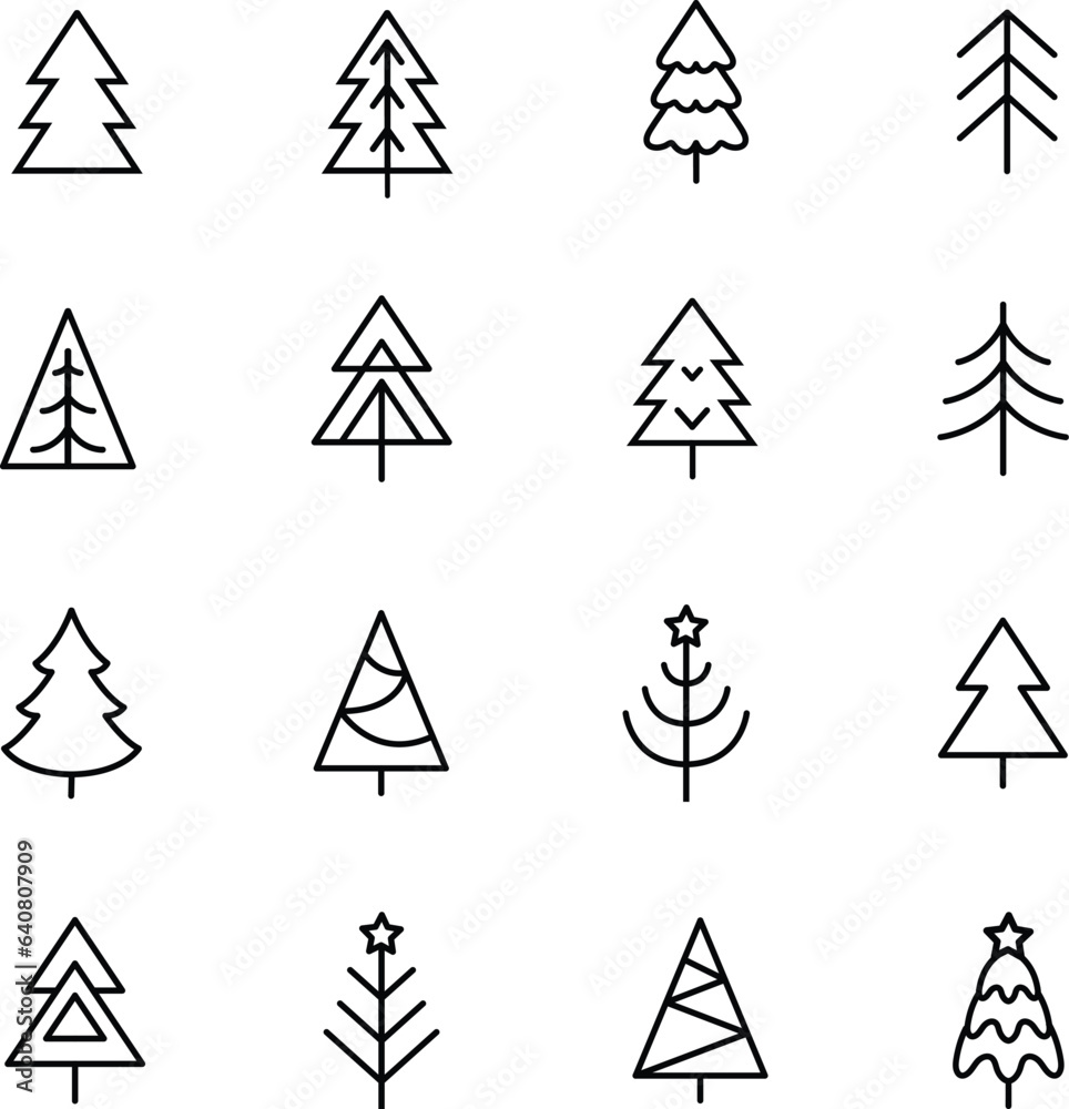 Christmas tree icon pack line art. Vector illustrations of fir trees ...