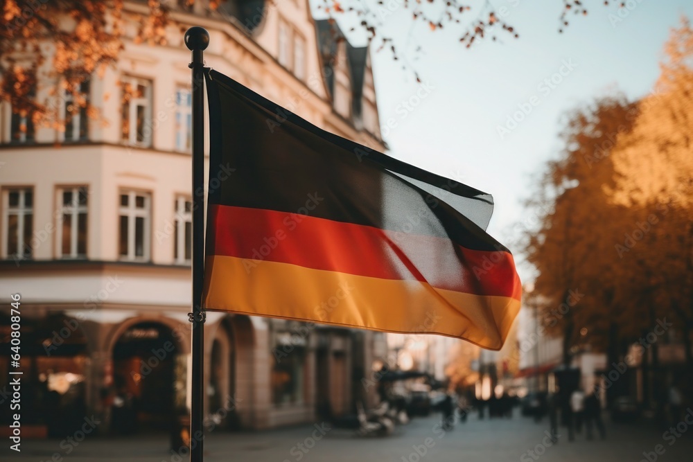 German flag in black, red and gold in the background the street of a ...