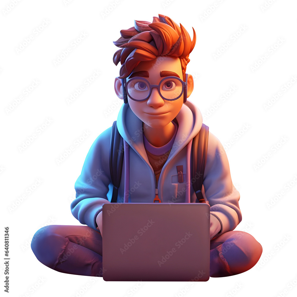 3d teen Student wearing blue hoodie, pants using laptop, 3d student ...