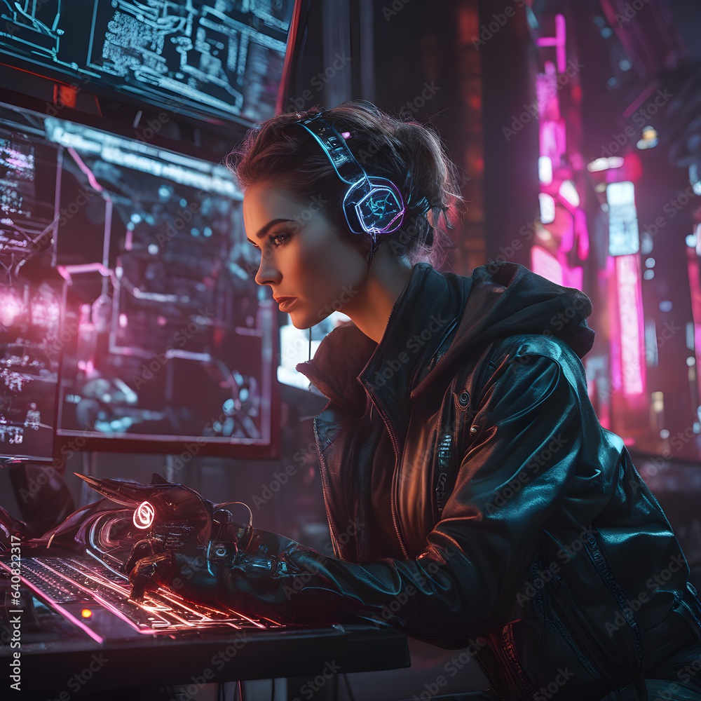 Captivating image of a female cyborg hacker in a dark city corner ...