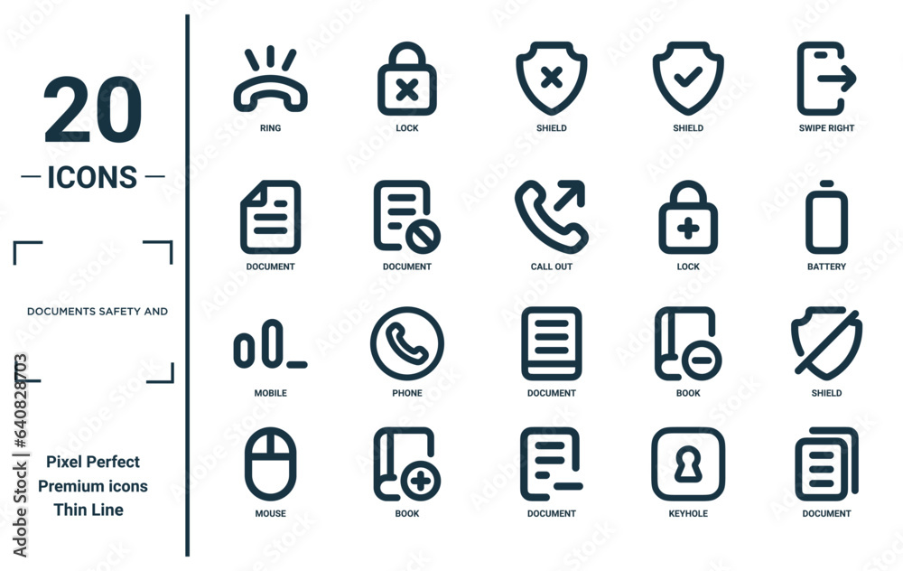 documents safety and linear icon set. includes thin line ring, document ...