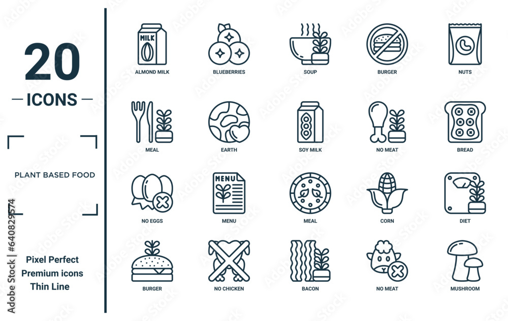 plant based food linear icon set. includes thin line almond milk, meal ...
