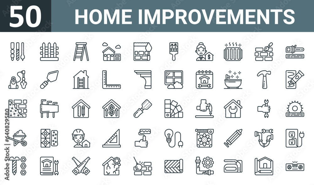 set of 50 outline web home improvements icons such as drill bit, fence ...