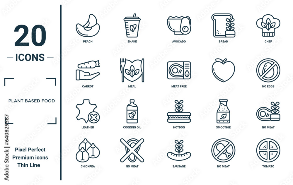 plant based food linear icon set. includes thin line peach, carrot ...