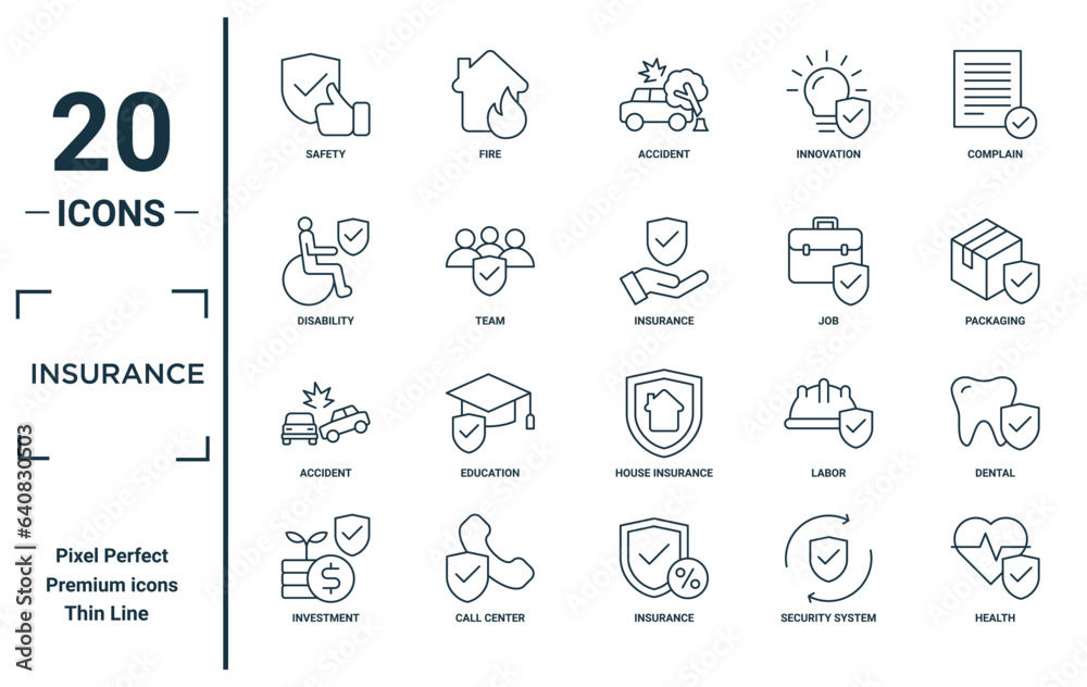 Vetor de insurance linear icon set. includes thin line safety ...