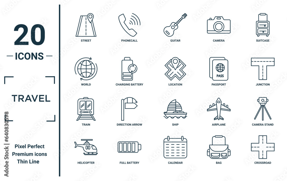travel linear icon set. includes thin line street, world, train ...