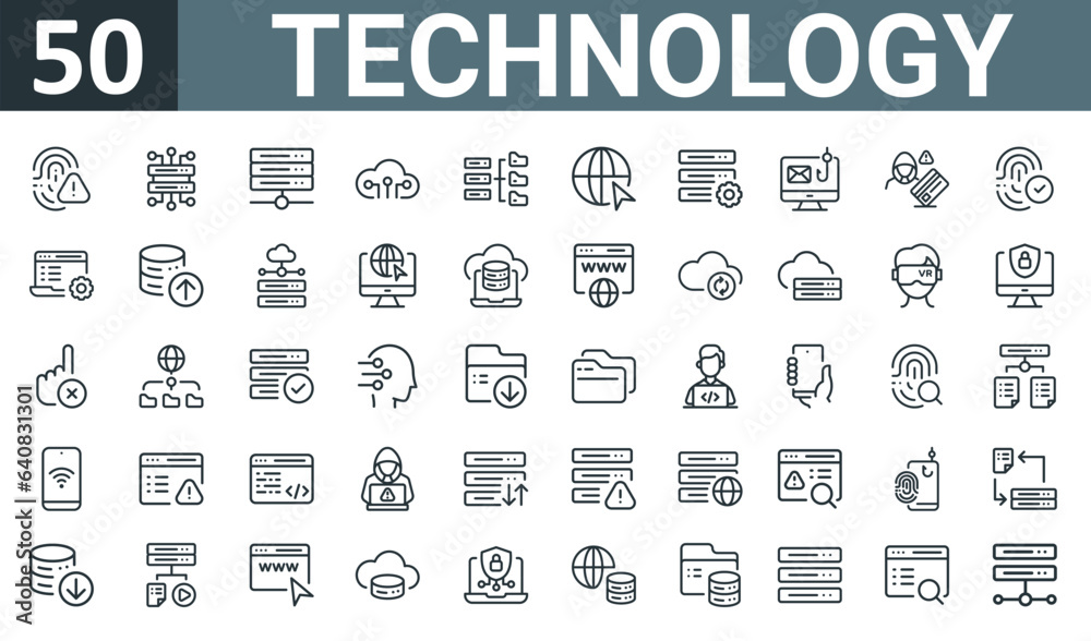 set of 50 outline web technology icons such as fingerprint, database ...