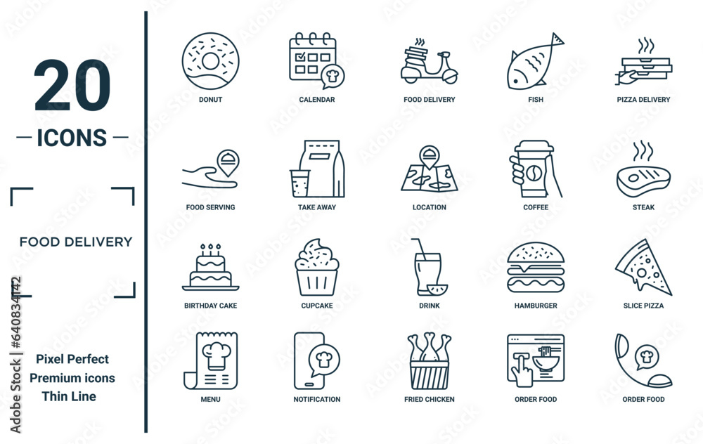 food delivery linear icon set. includes thin line donut, food serving ...