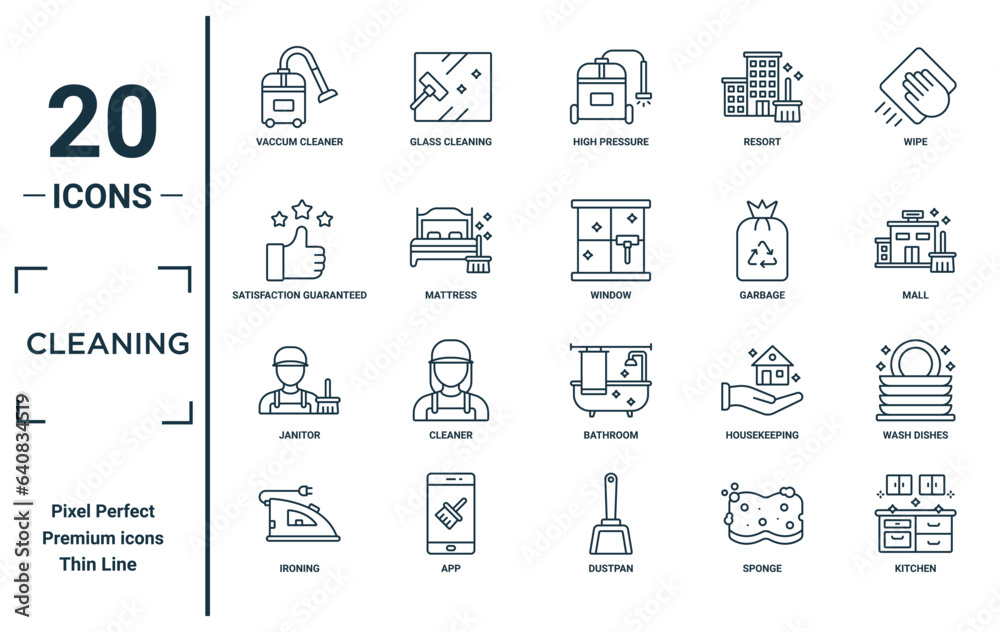 cleaning linear icon set. includes thin line vaccum cleaner ...