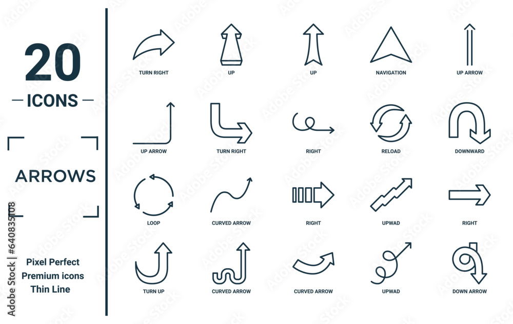 arrows linear icon set. includes thin line turn right, up arrow, loop ...