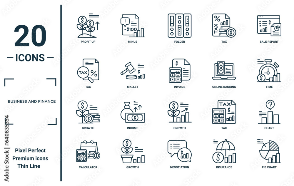 business and finance linear icon set. includes thin line profit up, tax ...