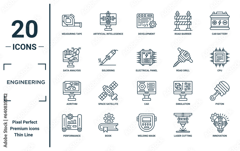 engineering linear icon set. includes thin line measuring tape, data analysis, aorithm ...
