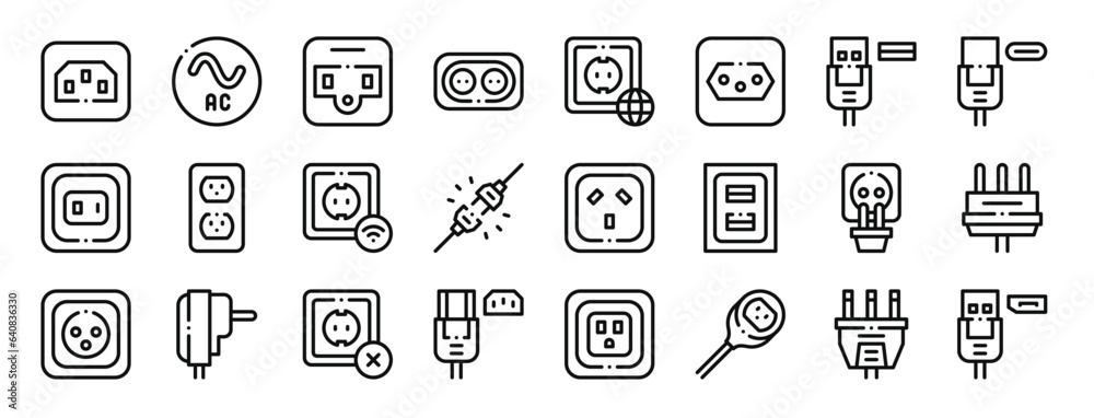 Vetor de set of 24 outline web power sockets icons such as power socket ...