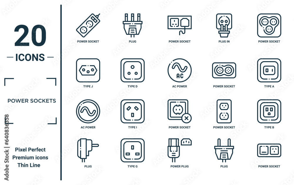 Vettoriale Stock power sockets linear icon set. includes thin line ...