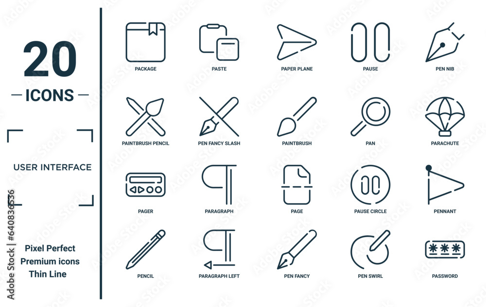 user interface linear icon set. includes thin line package, paintbrush pencil, pager, pencil ...
