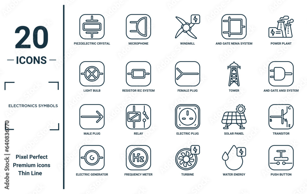 electronics symbols linear icon set. includes thin line piezoelectric ...