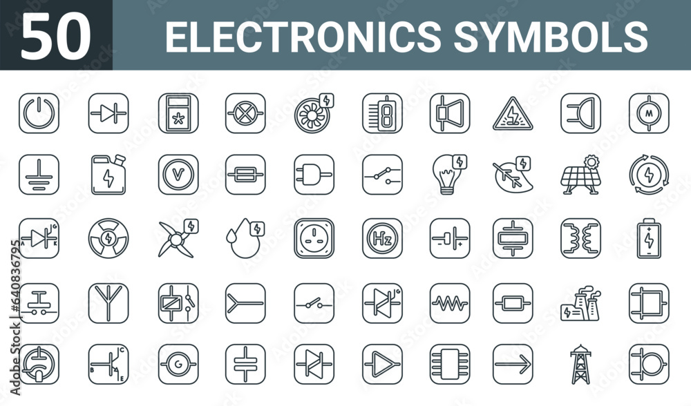 set of 50 outline web electronics symbols icons such as power, diode ...