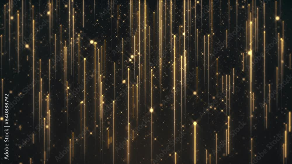 Abstract background animation with glittering shiny gold particles and shooting golden stars ...