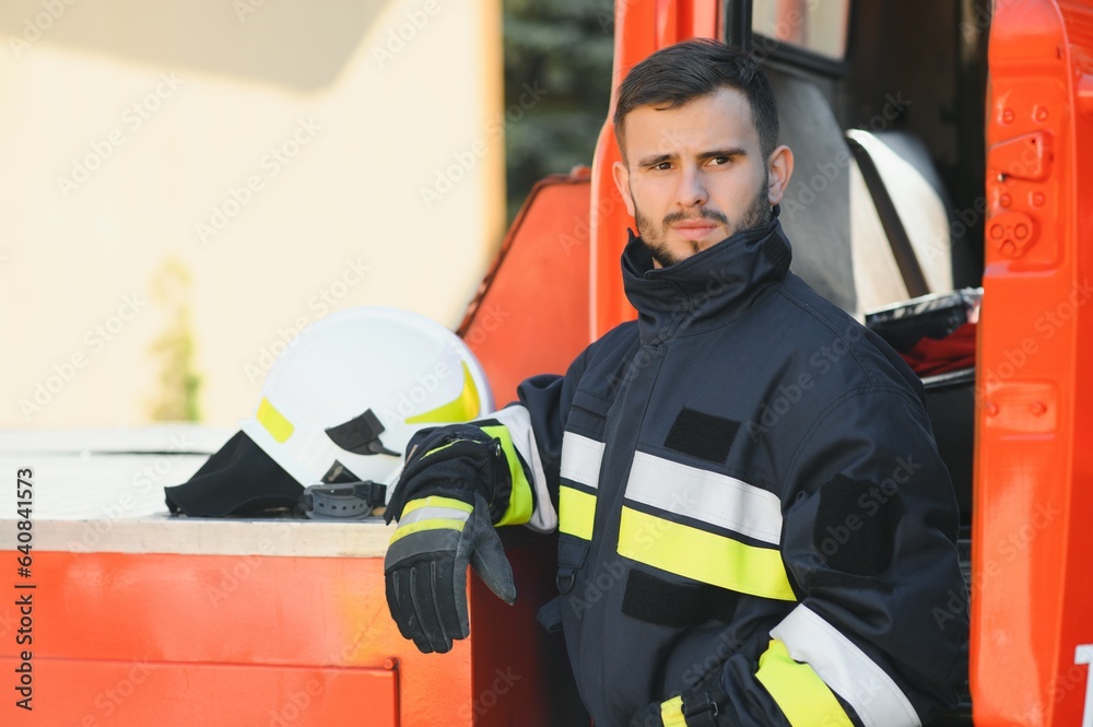 Firefighter portrait on duty. Photo fireman with gas mask and helmet ...