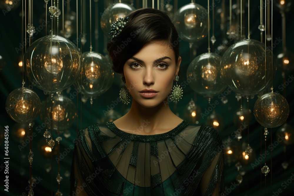 Concept portrait of a woman in fashion style on an emerald background ...