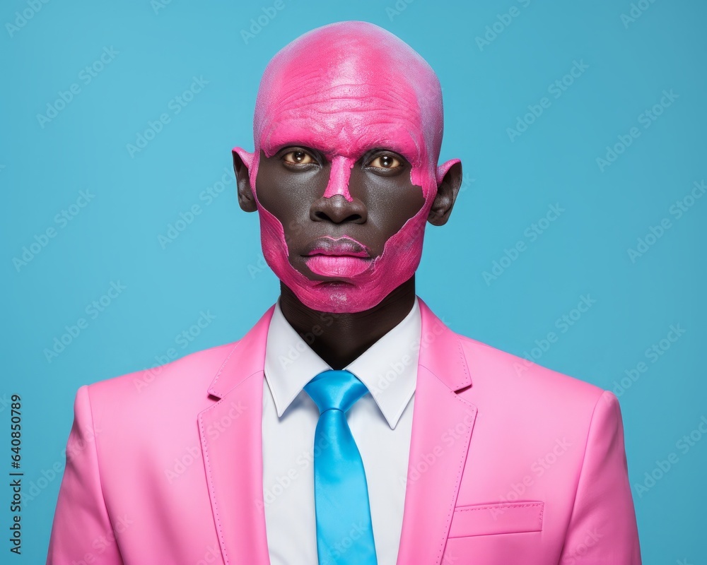 African American man in suit and tie with weird pink paint on his face ...