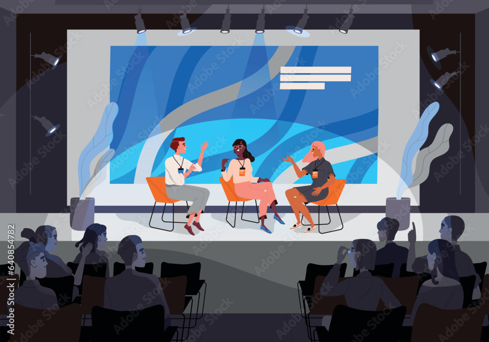 Forum and conference poster. Experts on stage in conference room ...