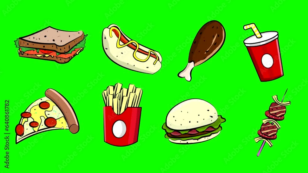 Vidéo Stock Various animated foods in cartoon style with green ...