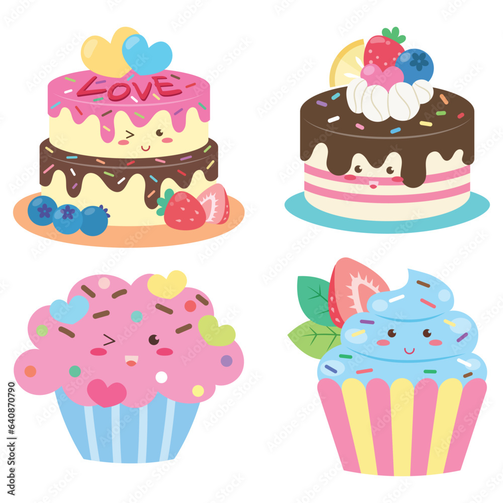 Set of cute cake and cupcake vector illustration cartoon isolated on ...