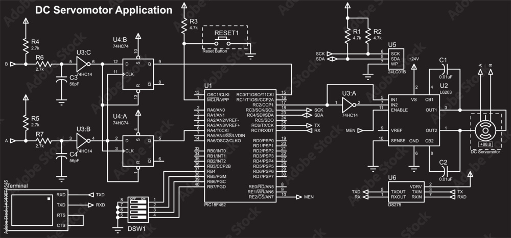 Vector electrical schematic diagram of an electronic device with a servo motor, external eeprom ...