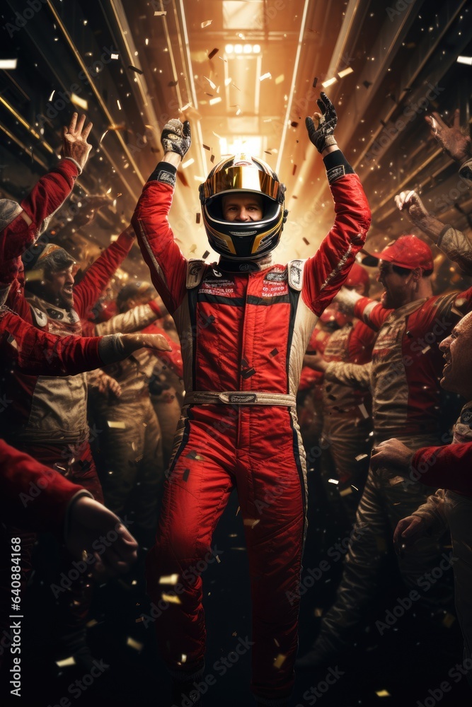 Formula one racing team driver cheering, celebrating victory on sports ...