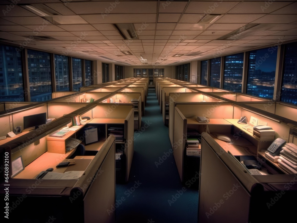The photograph depicts an unoccupied office cubicle, captured from an ...