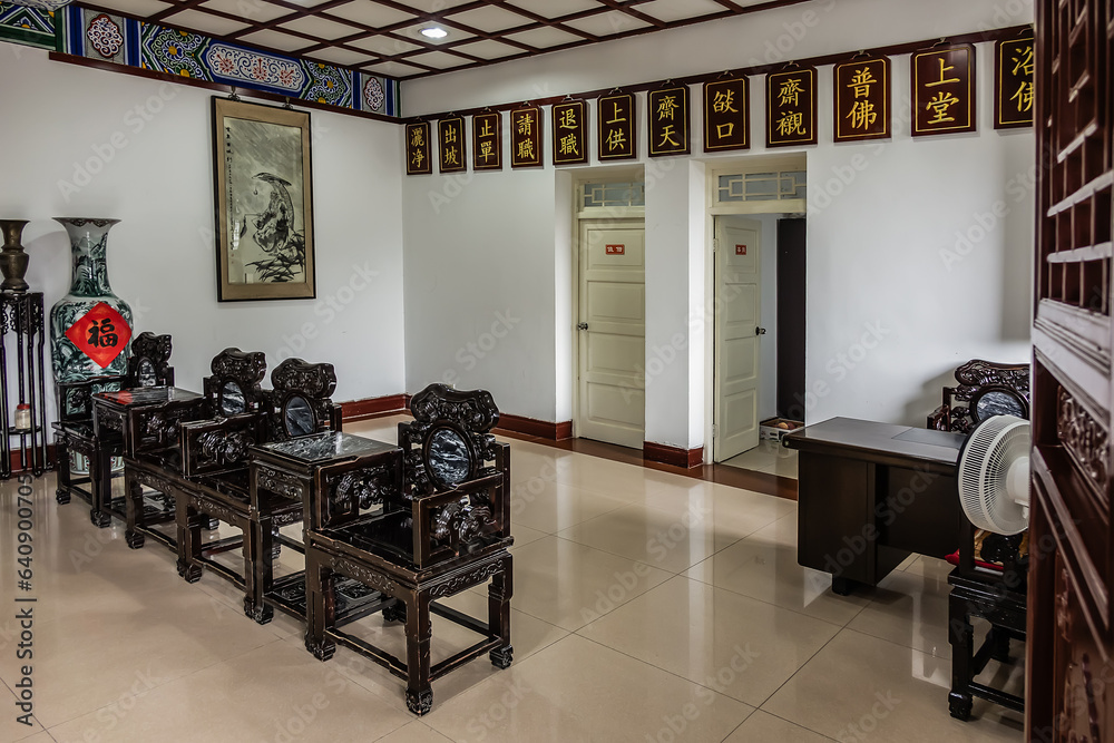 Interior of a pavilion at Giant Wild Goose Pagoda complex, a Buddhist ...