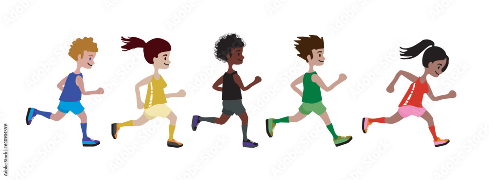 Marathon race. Group of five people running, men and women. Each ...