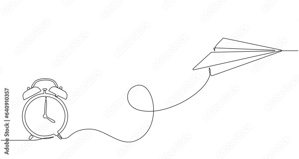 Continuous line drawing of flying paper airplanes connected to an alarm ...