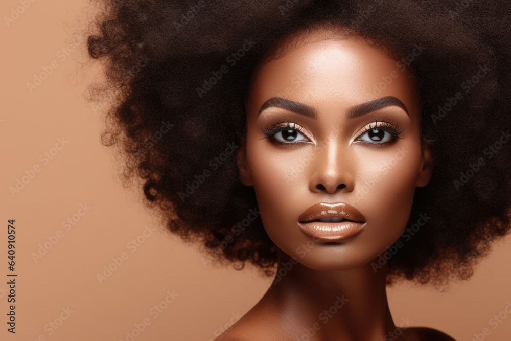 Close-up photograph of woman with beautiful afro hairstyle. This ...