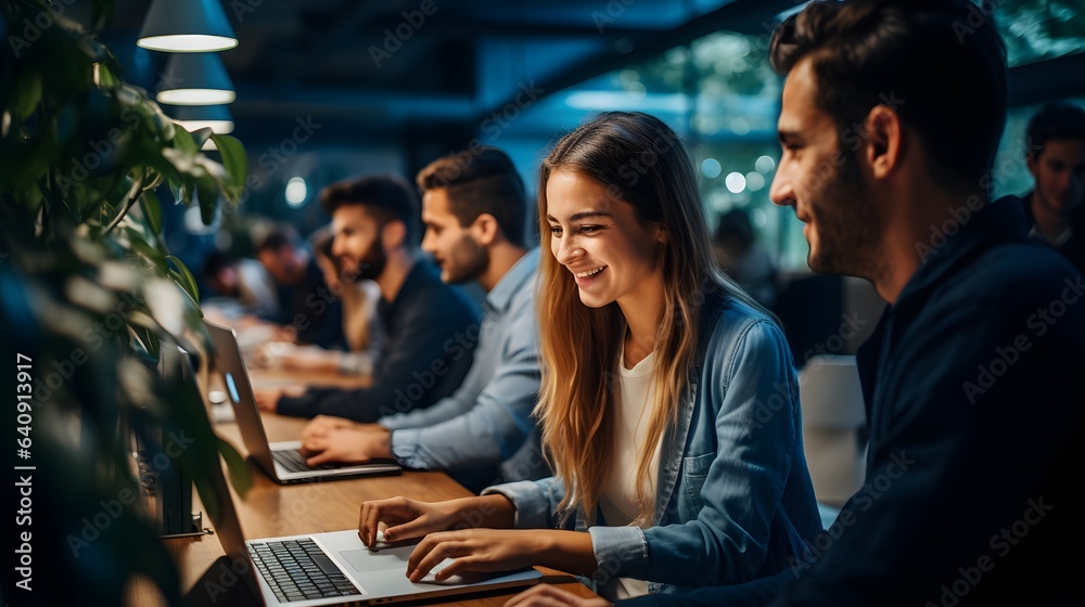 Group of young business people working and communicating together in ...