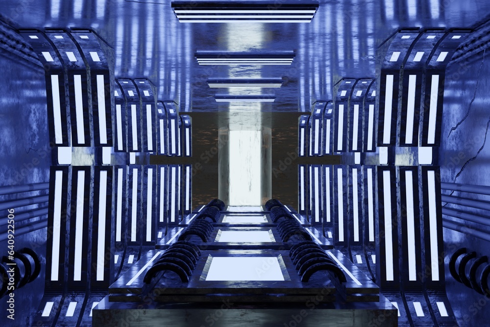 Dark interior concentrate room with fog and mist. industrial wall and ...