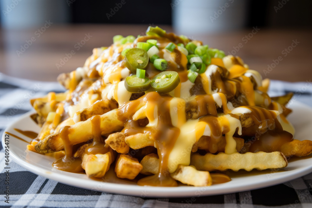 an irresistible close-up of loaded poutine, featuring crispy waffle ...