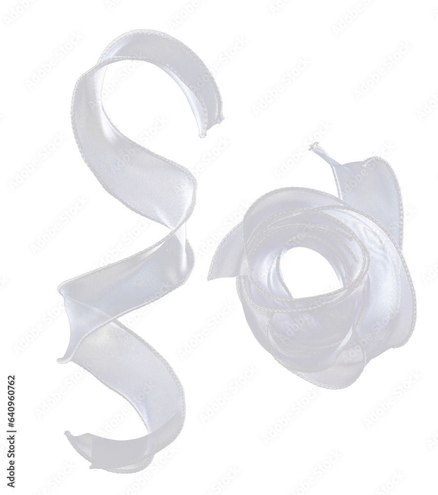 White ribbon long straight fly in air with curve roll shiny. White snow ...