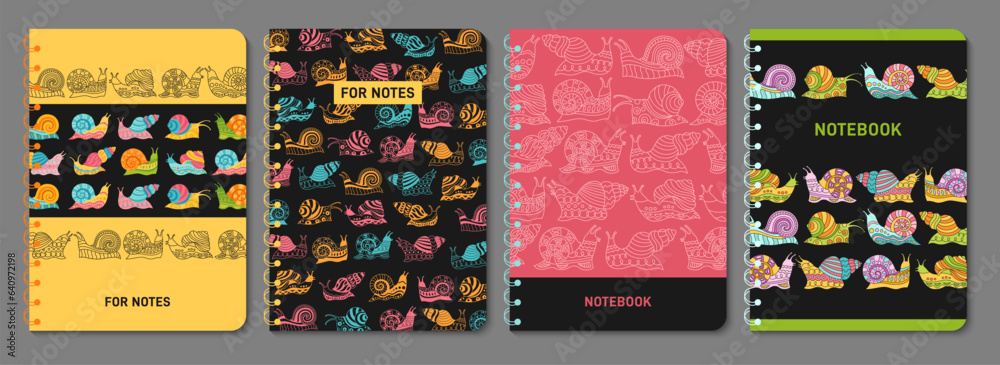 Snail trendy child notebook or notepad cover set. Mollusk with doodle ...