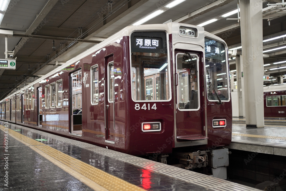 OSAKA, JAPAN - NOV 13, 2019: Hankyu railway train exterior in the early ...