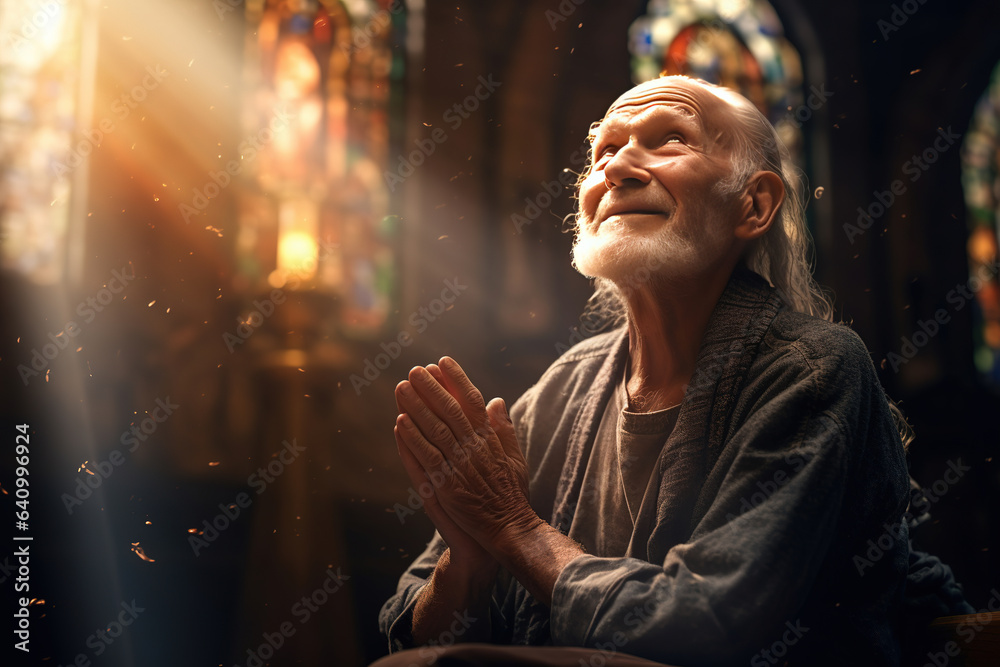 Faith, prayer or old man in church for God, holy spirit or religion in ...