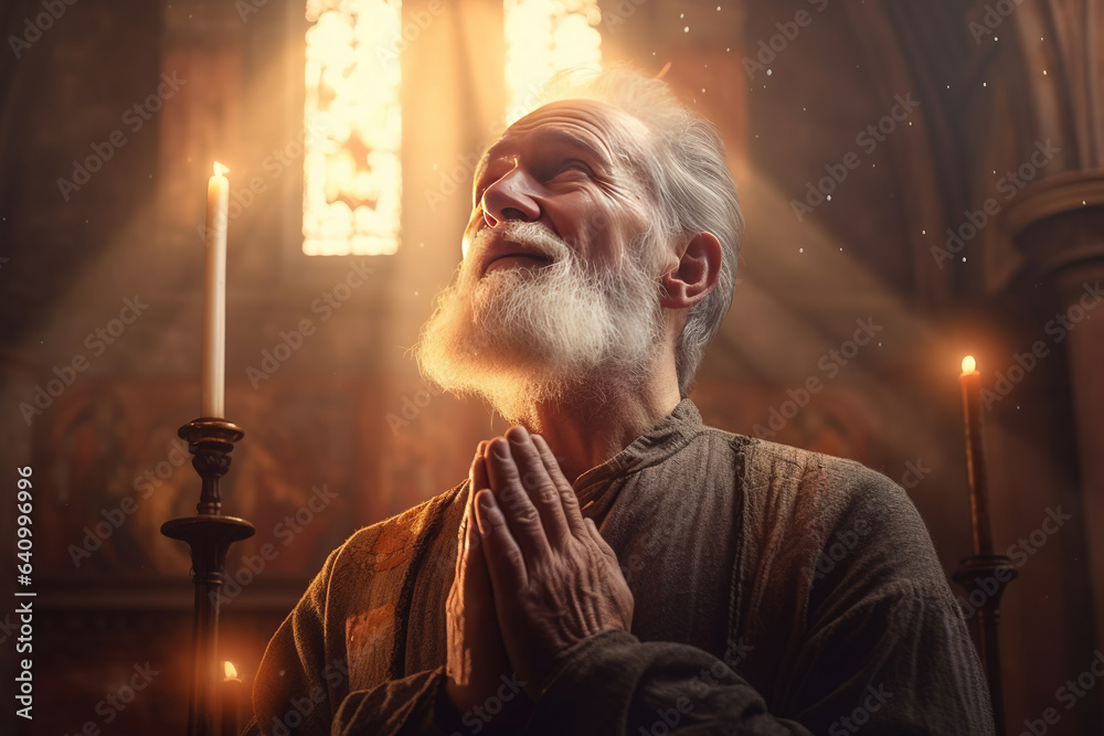 Foto de Faith, prayer or old man in church for God, holy spirit or ...