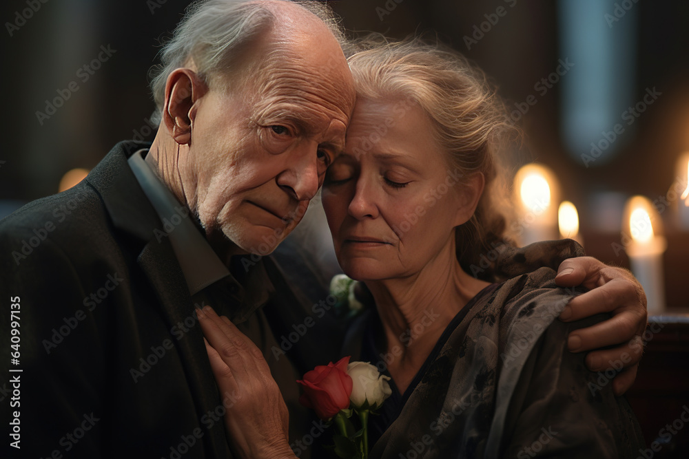 Couple, funeral or sad old man crying in church for God, healing or ...
