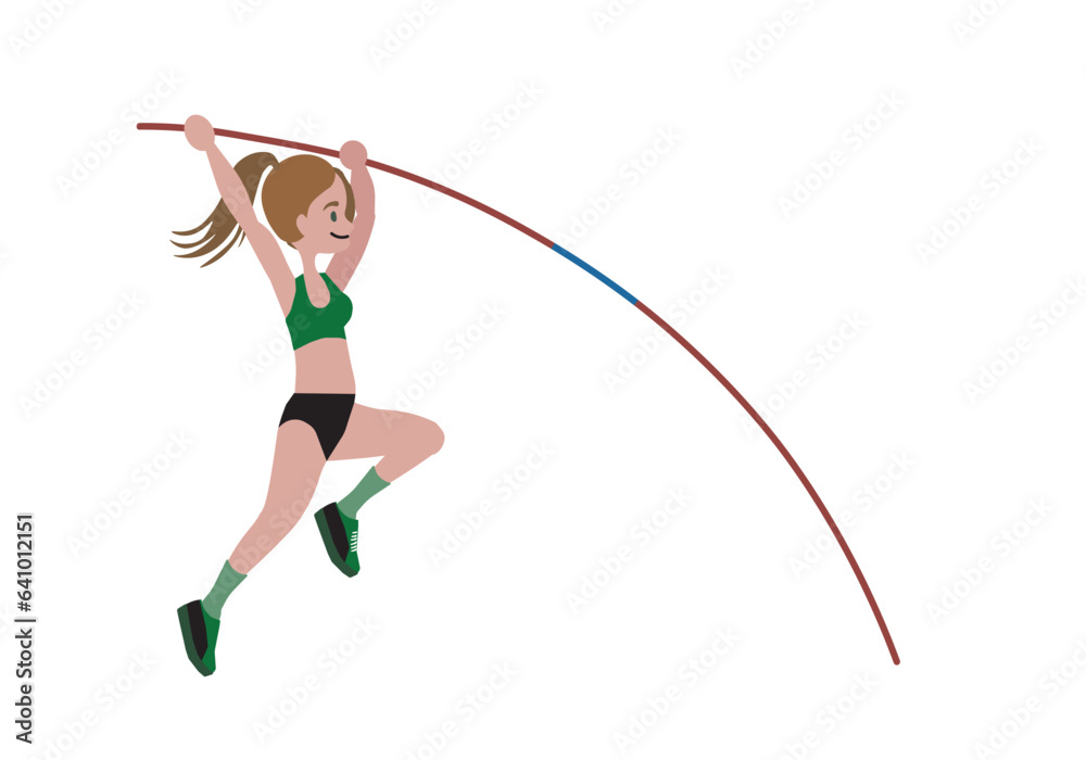 Athlete woman jumping with pole vault at the games. Fun flat character ...